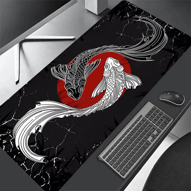 Japanese Desk Mat Black & White Mouse Pad Koi Fish Japan Art Seal Yin ...