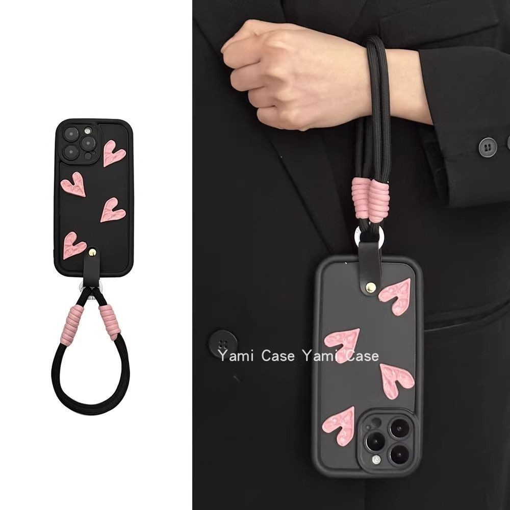 Fashion Premium Black Phone Cover with Lanyard Red Love Cartoon Cute ...