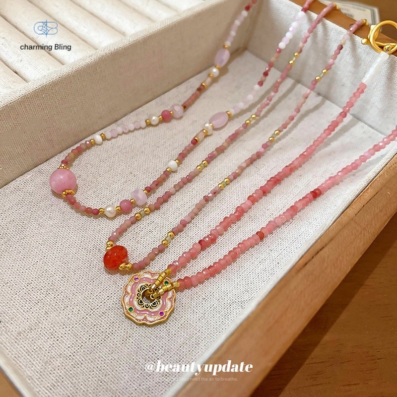 Pink Crystal Flower Beaded Necklace, Medieval Style Drip Glaze Unique ...