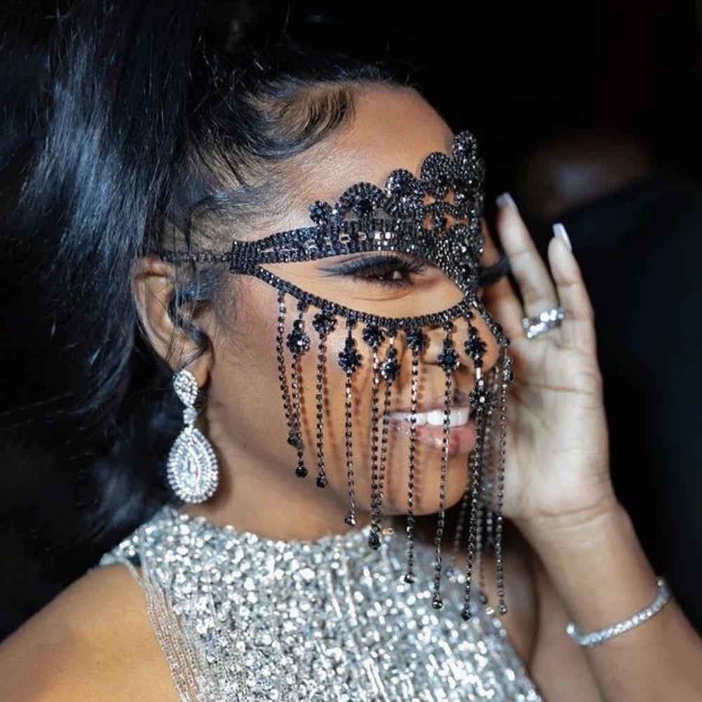 Hollow Black Masquerade Eye Mask Full Face Jewelry Prom Sexy Tassel ...