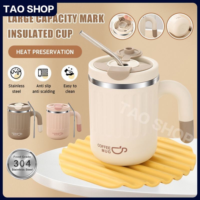 【COD】Stainless Steel Coffee Mug with Cover 480ml Coffee Mug With Straw ...
