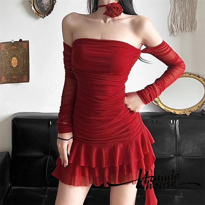 HANNIE House- Women Solid Color Long Sleeve Off Shoulder Ruffles Dress ...