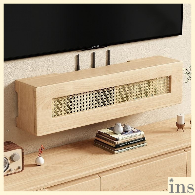 Ins Vintage Solid Wood Rattan Wall-Mounted Wireless Router Cable ...