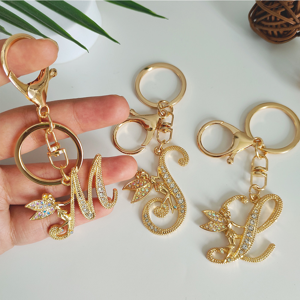Fashion Elf Key Chain Gold Color A-Z Alphabet Initial Key Ring Bling ...