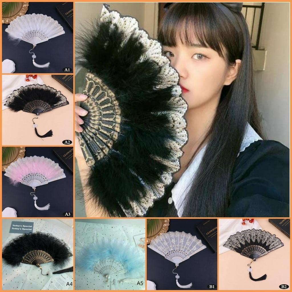 Feather Folding Fan Sweet Fairy Girl Black Gothic Court Dance Hand Fans ...