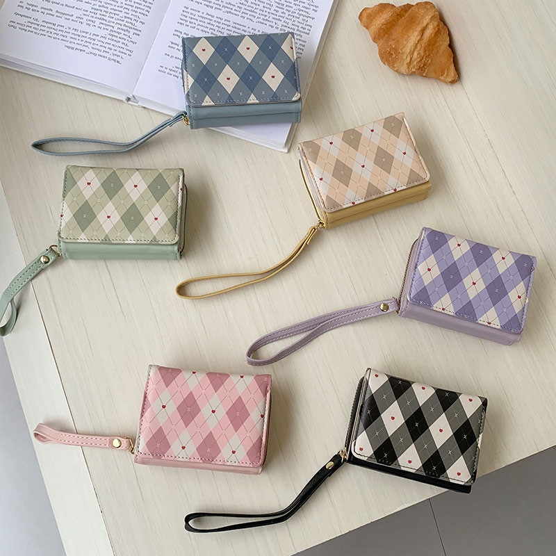 Fashion Sweet Women Wallet Cute Lattice Print Portable PU Wrist ...