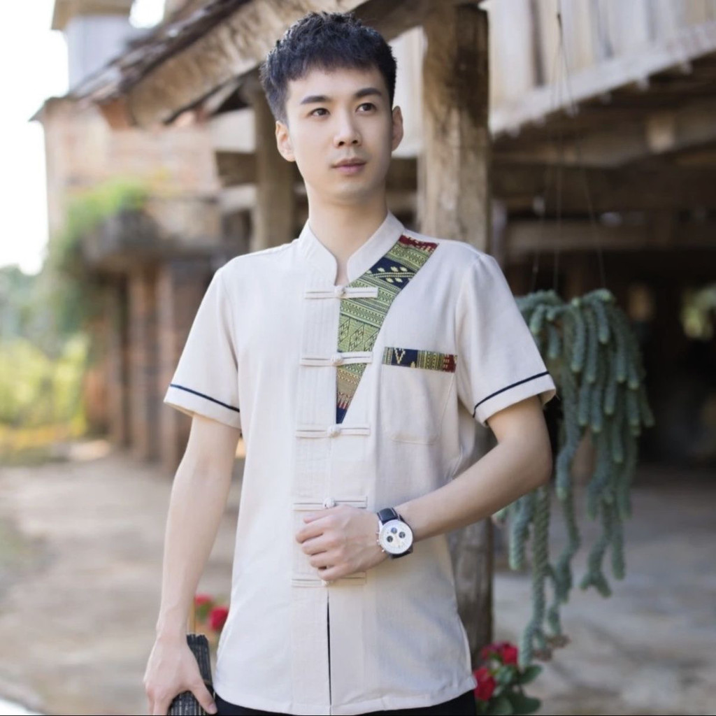 Ethnic Style Barong Shirt Men Stand Collar Short Sleeve Top Traditional ...