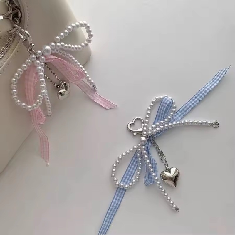 Y2K Lattice Ribbon Bowknot Pearls Bag Pendant Charm Heart Keychain ...
