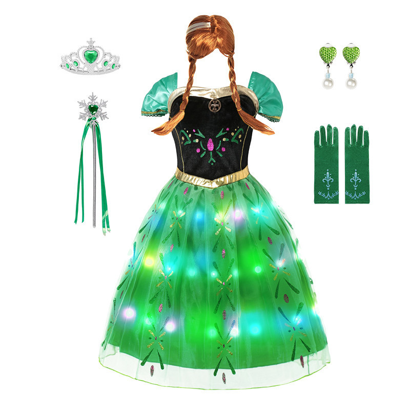 Girl Anna Princess Dress with LED Light Kids Birthday Party Dresses ...