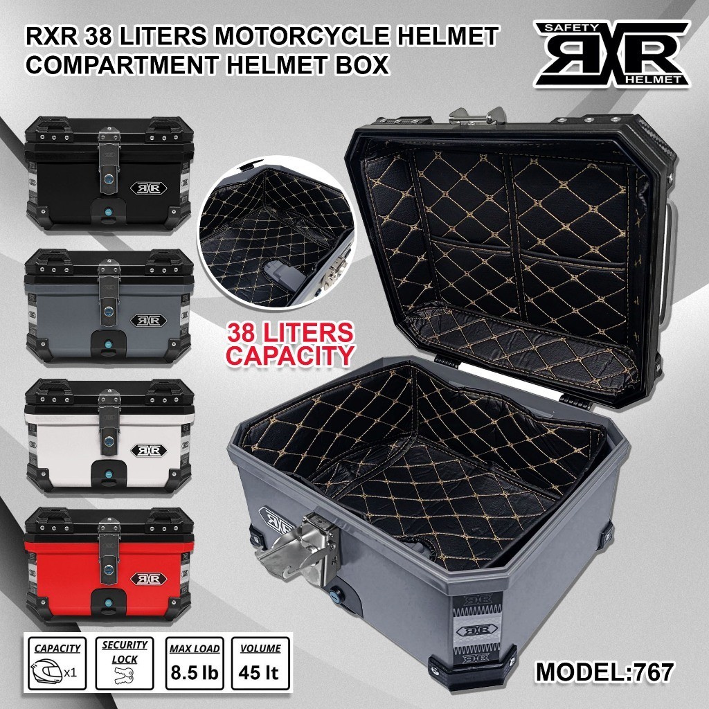 RXR 38L Liters HARD PLASTIK TOP BOX Motorcycle Compartment Box Helmet ...