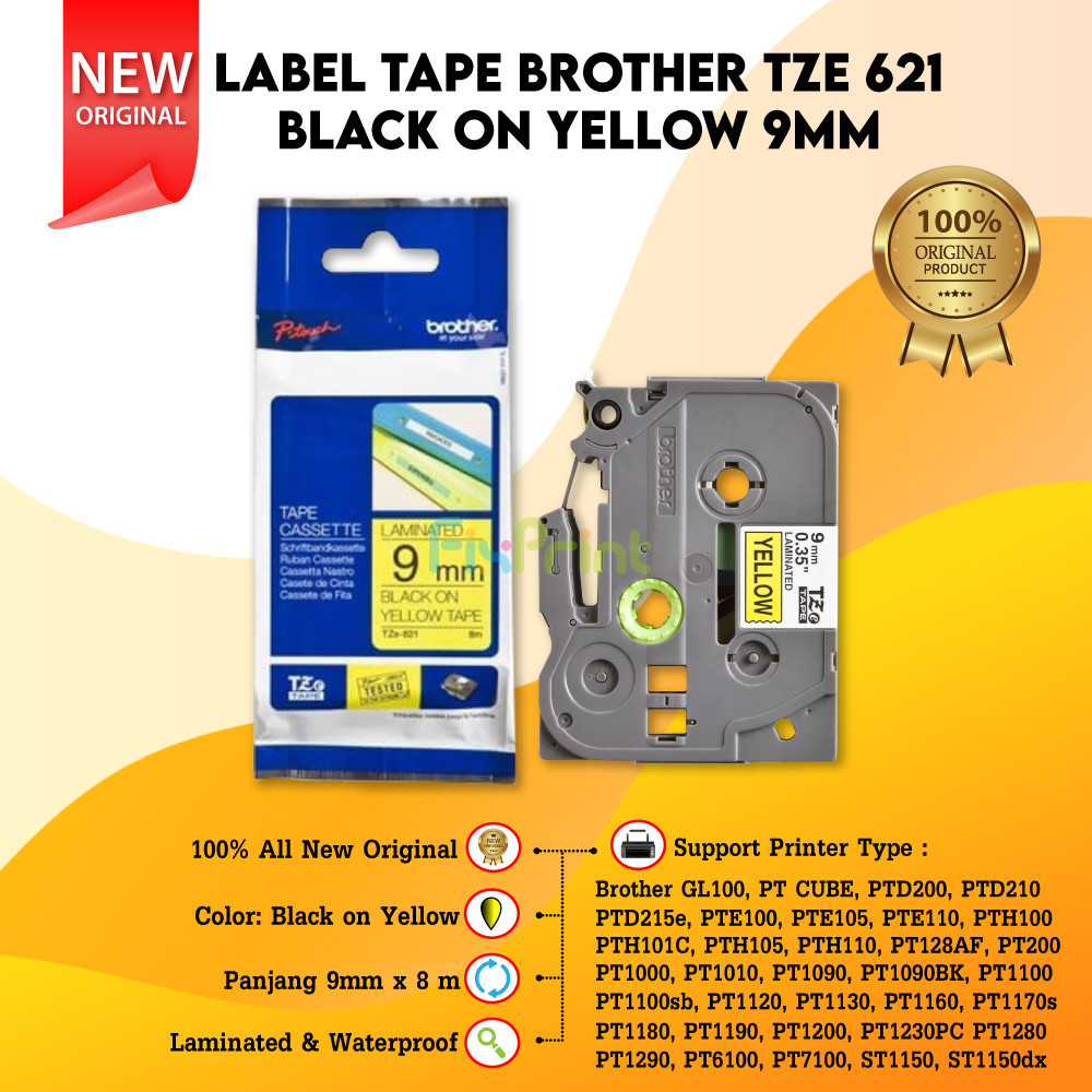 Original Brother Tape Label TZE-621 TZE 621 9mm Black on YellowCasette ...