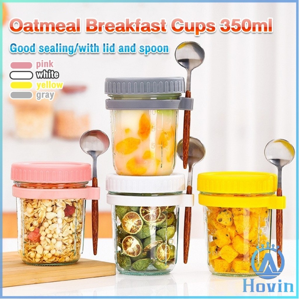 HOV 350ml Reusable Overnight Oats Jars With Spoon Airtight Oatmeal Cup Container Breakfast Cups ...