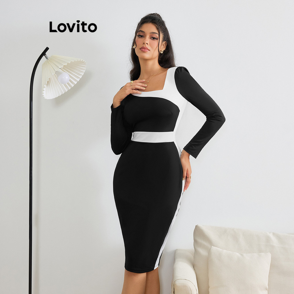 Lovito Women Elegant Patchwork Fabric Stitching Dress Lbl12156 Shopee