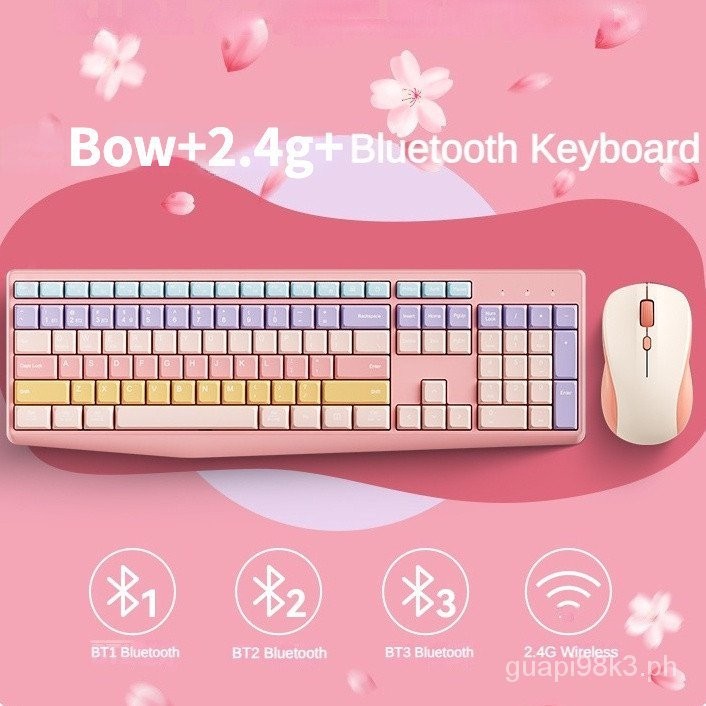 BOW Dual Mode 2.4g Wireless Three Bluetooth Pink Keyboard and Mouse Set ...