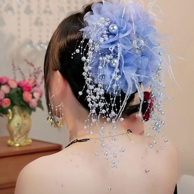 UKE Women Luxury Mesh Flower Pearls sels Hair Clips Female Fluffy Shark ...