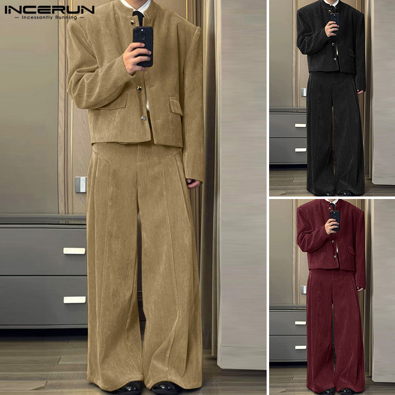INCERUN Men Korean Advanced Corduroy Stand Neck Long Sleeve Wide Leg ...