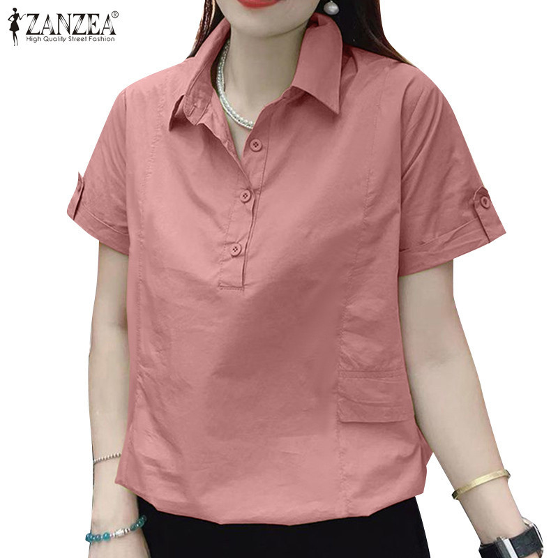 ZANZEA Women Korean Commuting Lapel Collar Short-Sleeved Sleeve-Tab ... ZANZEA Women Korean Commuting Lapel Collar Short-Sleeved Sleeve-Tab ...