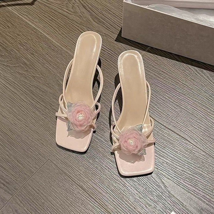 Women's Flower High Heels Square Toe Open Toe Chunky Heel Shoes Slip-on ...