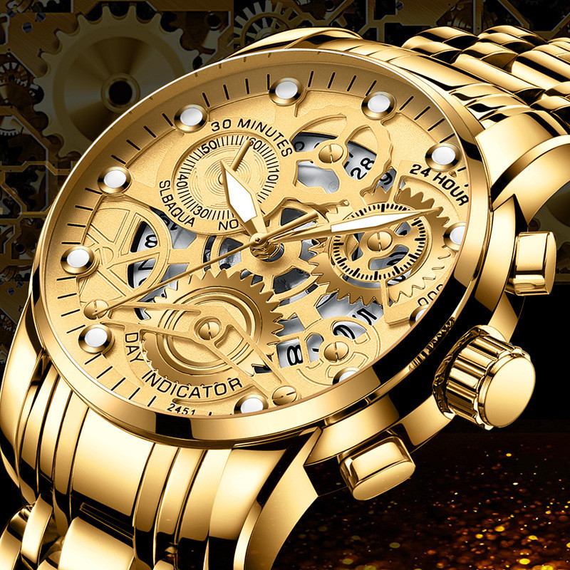 Skeleton Watch for Men Waterproof Luminous Steel Band Quartz Watch Relo ...