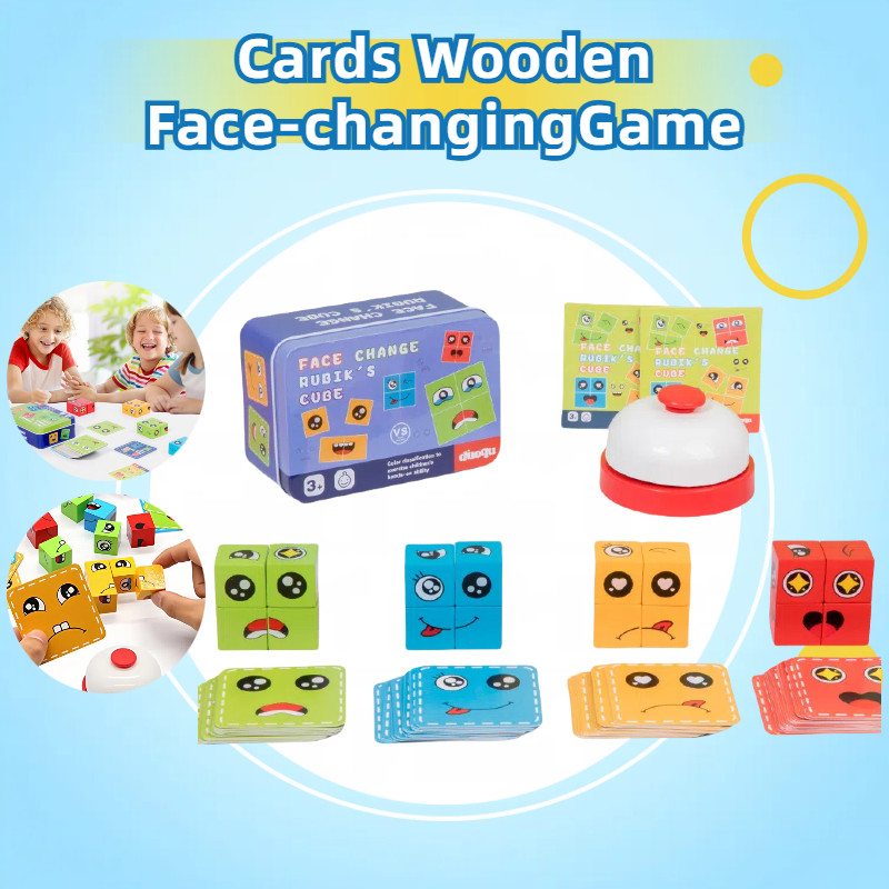 72 Cards Magic Cube Toy Set Kids Wooden Face Changing Board Game with ...