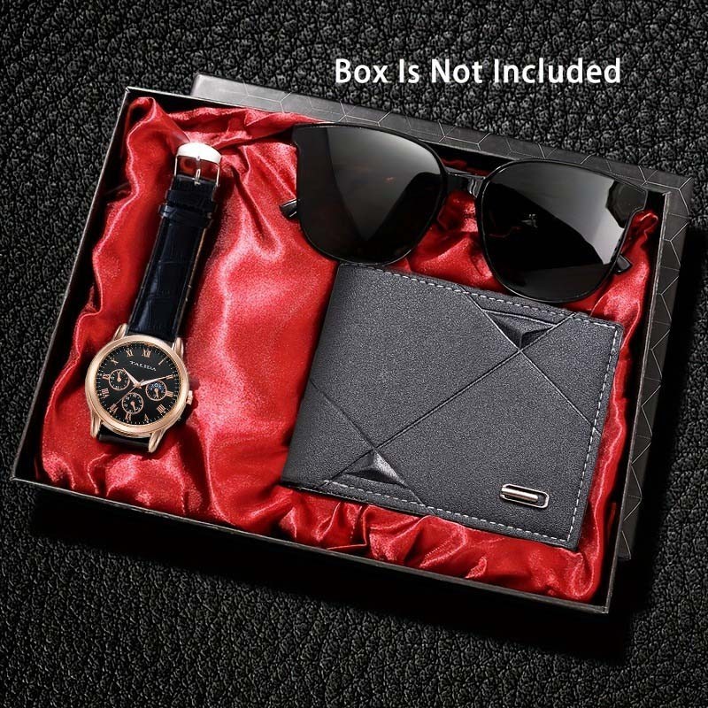 3PCS Men's PU Leather Strap Large Dial Watch & Glasses& Wallet Set ...