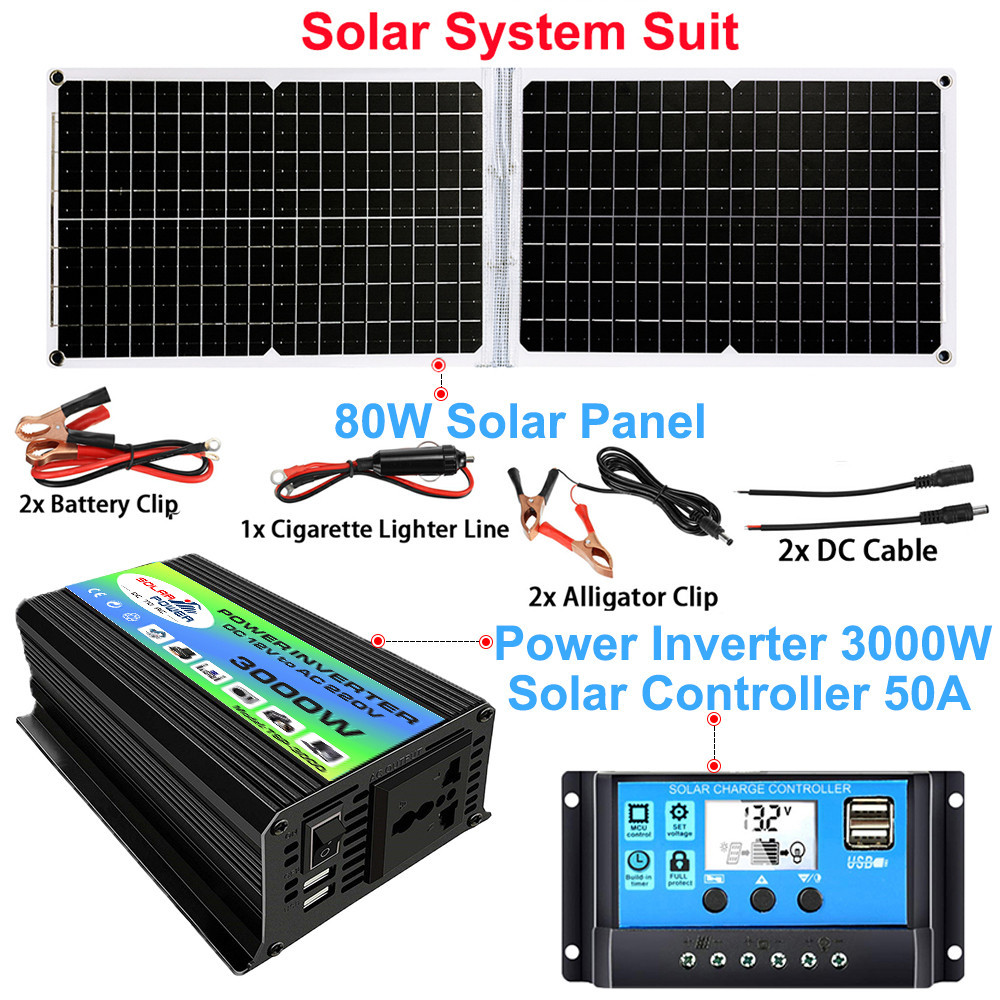 HAOSONG Solar System Set 80W 18V Solar Panel+3000W Power Inverter 12V ...