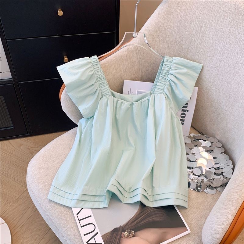 Mint mambo green square neck blouse sleeveless shirt Korean oversize ...