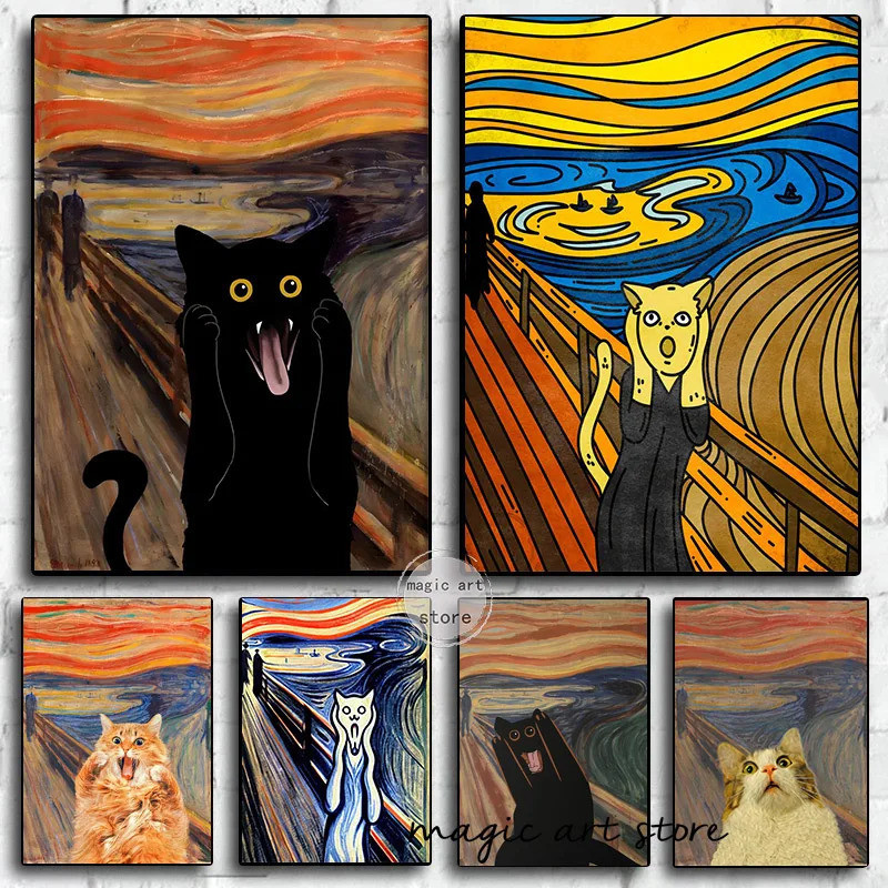 Vintage Funny The Scream Cat Edvard Munch Cat Black Cat Art Posters ...
