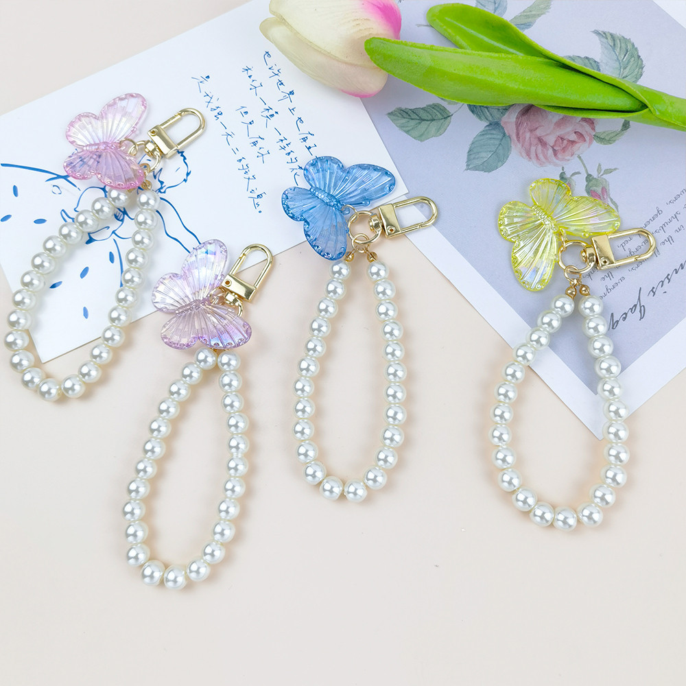 Elegant Pearl Chain Key Ring Colorful Acrylic Butterfly Key Chains ...