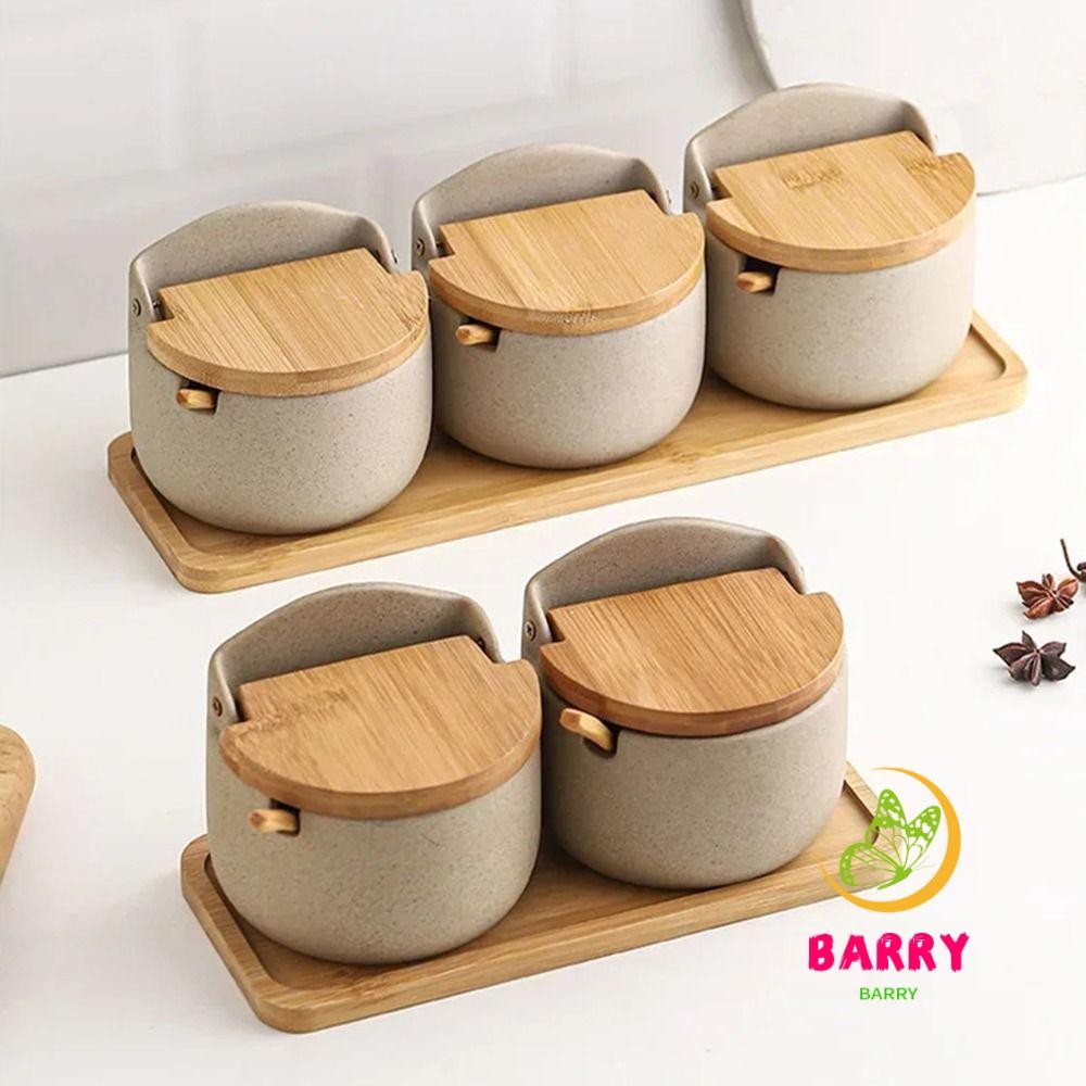 BARRY Ceramic Seasoning Jar Set, Bamboo Lid Serving Spoon Spices ...