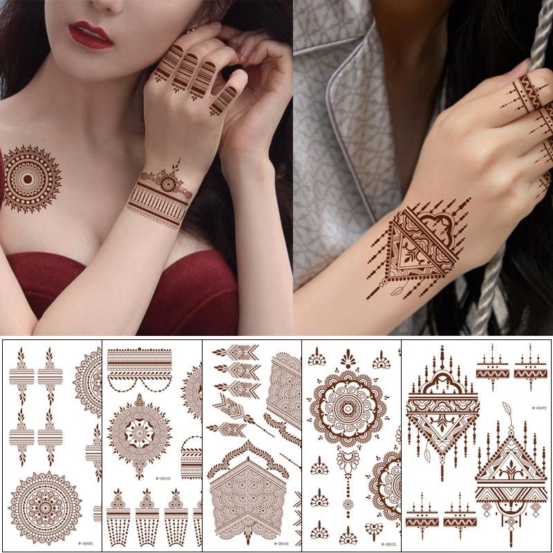 褐色蕾丝纹身贴手指手背海娜水转印贴纸棕色曼陀罗甜酷写真表演Brown lace tattoo sticker on the back of ...
