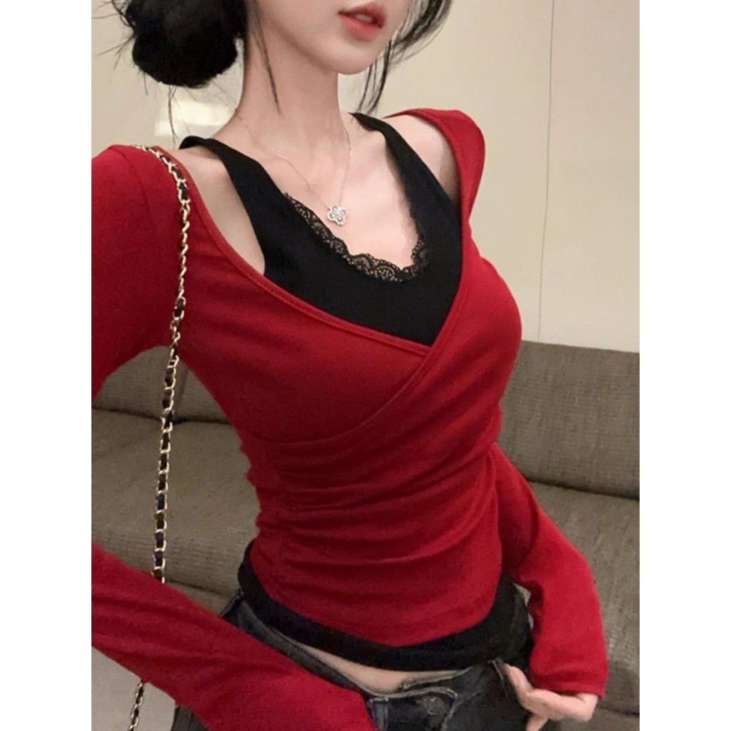 red fitted top for women korean style off shoulder t shirt with long ...