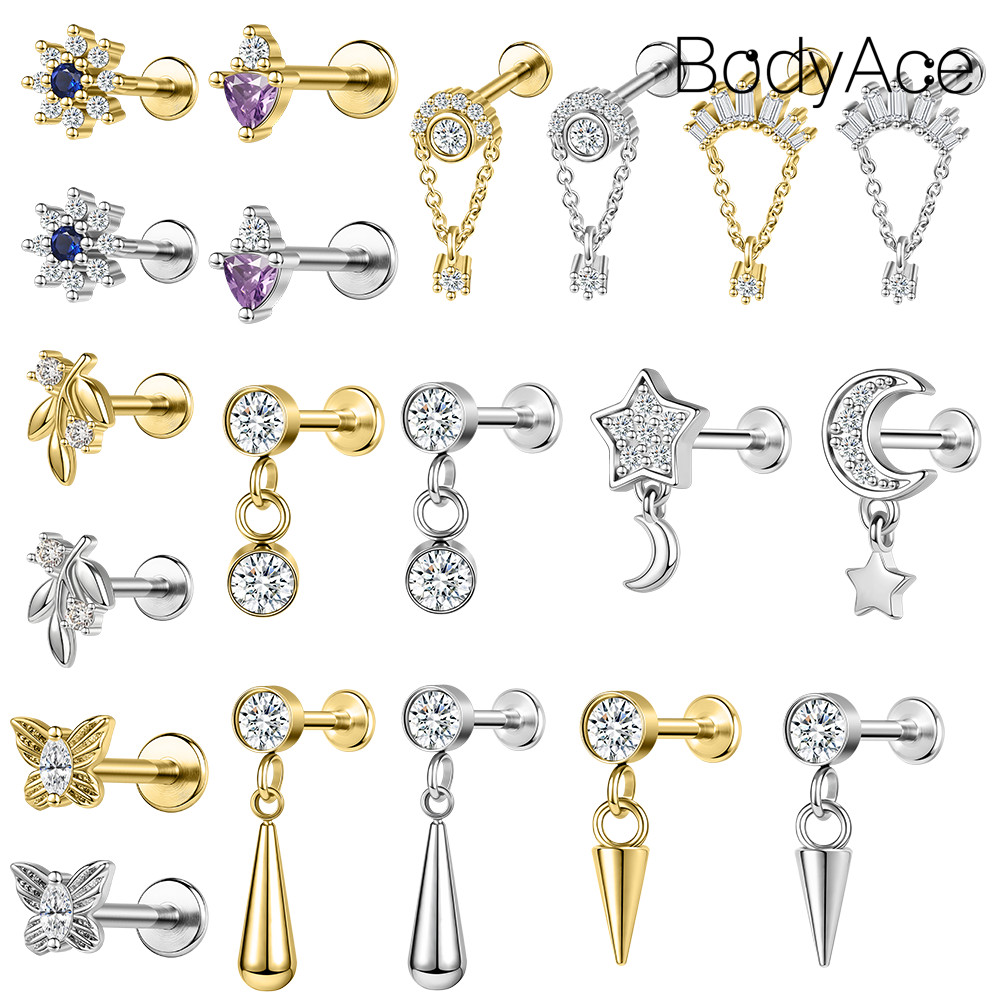 Bodyace 1PC Colorful Crystal Lip Stud Flower Shape Lip Piercing ...
