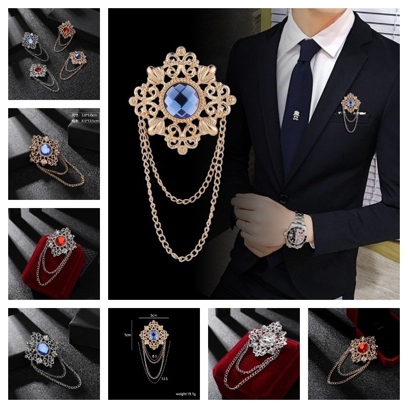 Retro Fashion Gold Silver Mens Suit Gemstone Pin Brooch Wedding Vintage ...