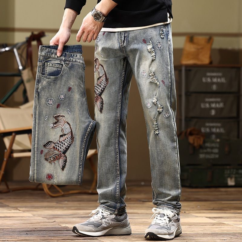 Chinese Style High-End Embroidered Autumn Ripped Men's Jeans Street ...