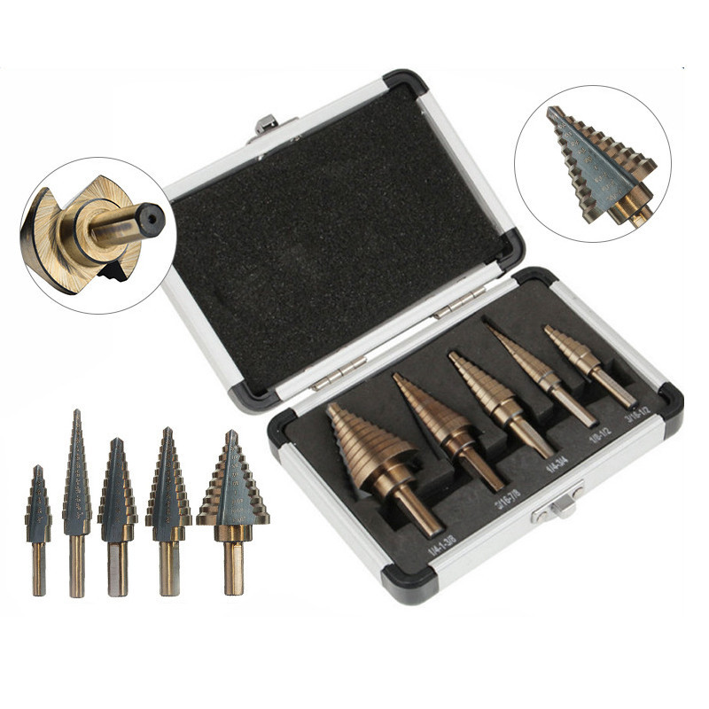 HSS Step Drill Bit Set – 5-Piece Cobalt Alloy Titanium Coated for Metal ...