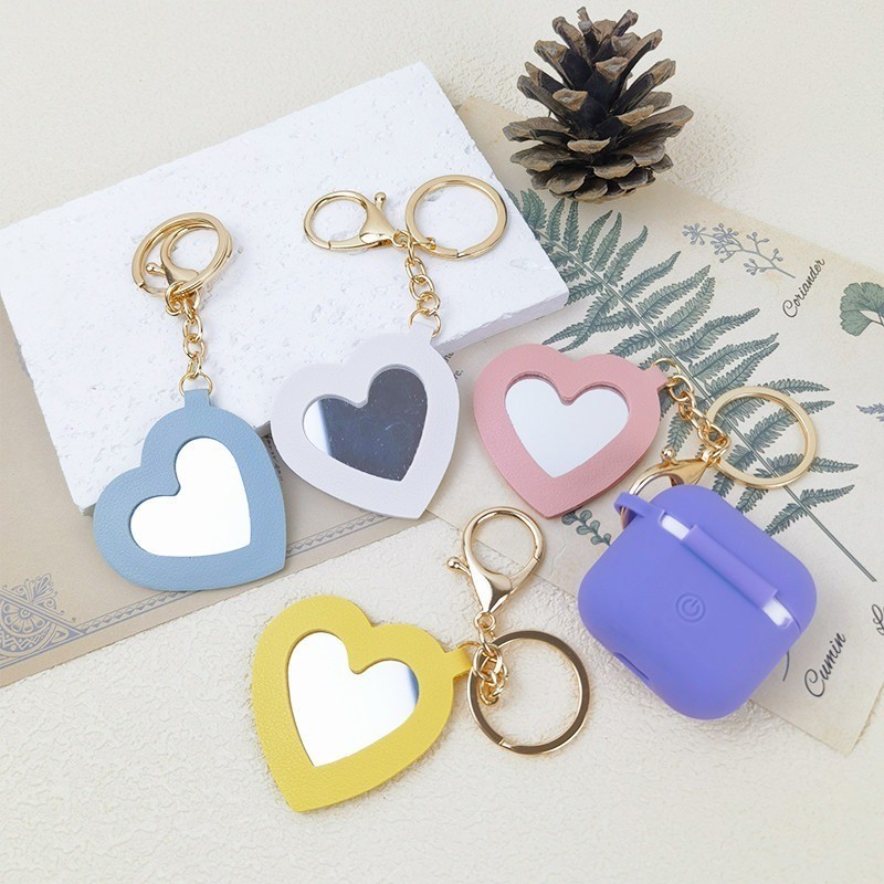 Creative Heart-shaped Makeup Mirror Keychain Solid Color PU Leather ...