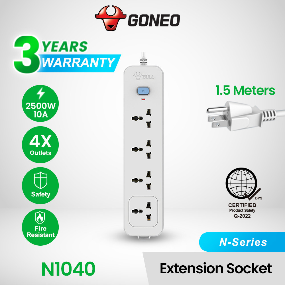 Bull Extension Socket N Series N1040 150cm 500cm Cable 4 Outlets 2500w ...