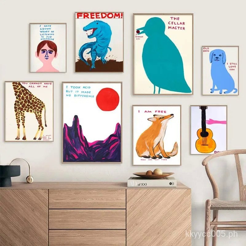 Abstract David Shrigley Canvas Painting Dinosaur Giraffe Fox Guitar ...