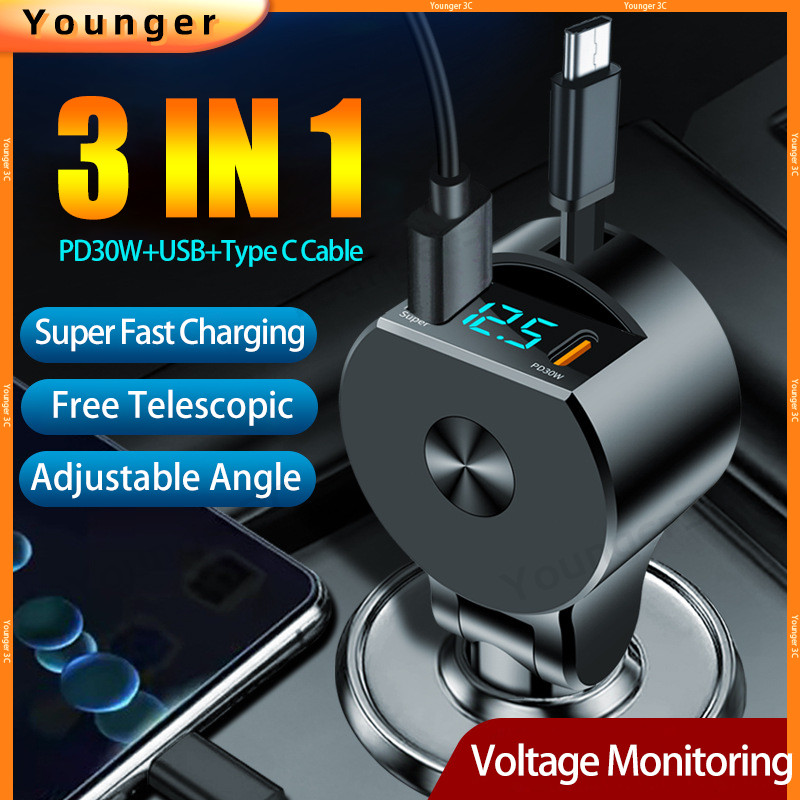 Telescopic Digital Display Super Fast Charger USB+PD30W+Type C Cable Car Charger Car Lighter ...