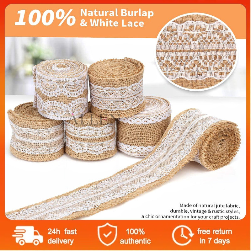 2m/roll 5cm Natural Jute Burlap With White Lace Rustic Vintage Wedding ...