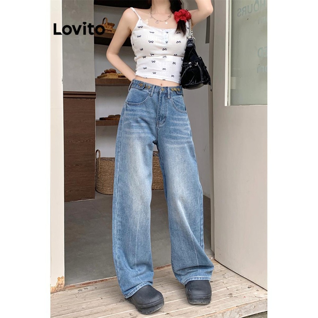 Lovito Women Casual Plain Button Pocket Jeans LNE59225 | Shopee Philippines