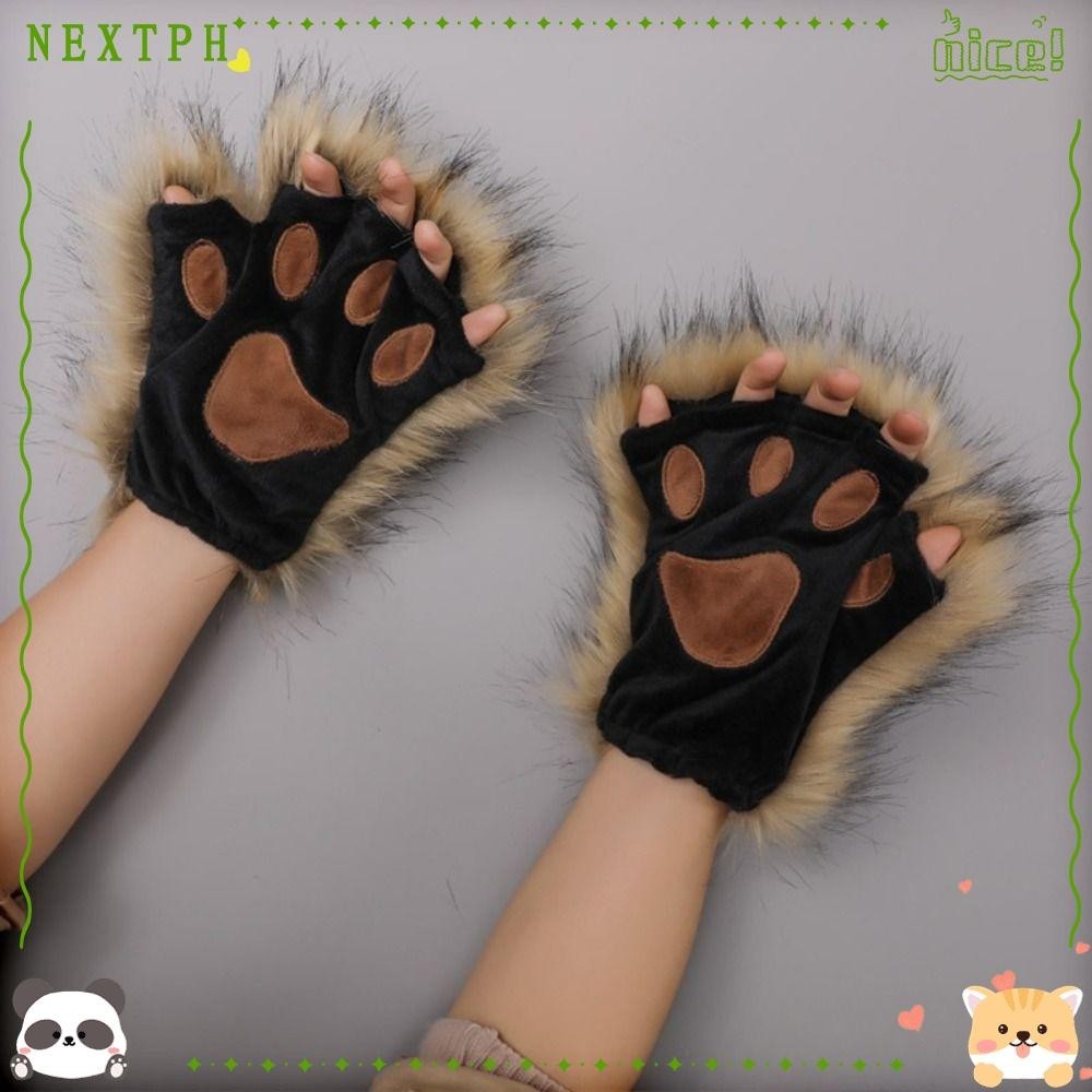 NEXTPH Fingerless Gloves, Plush Furry Kitten Foxes Claws Mittens ...