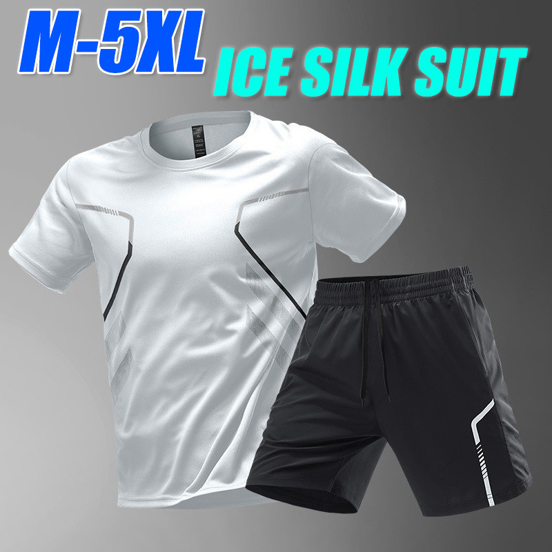 Ice Silk M-5XL Men's White Sports Dri-fit TShirt＆Shorts Badminton Suit ...