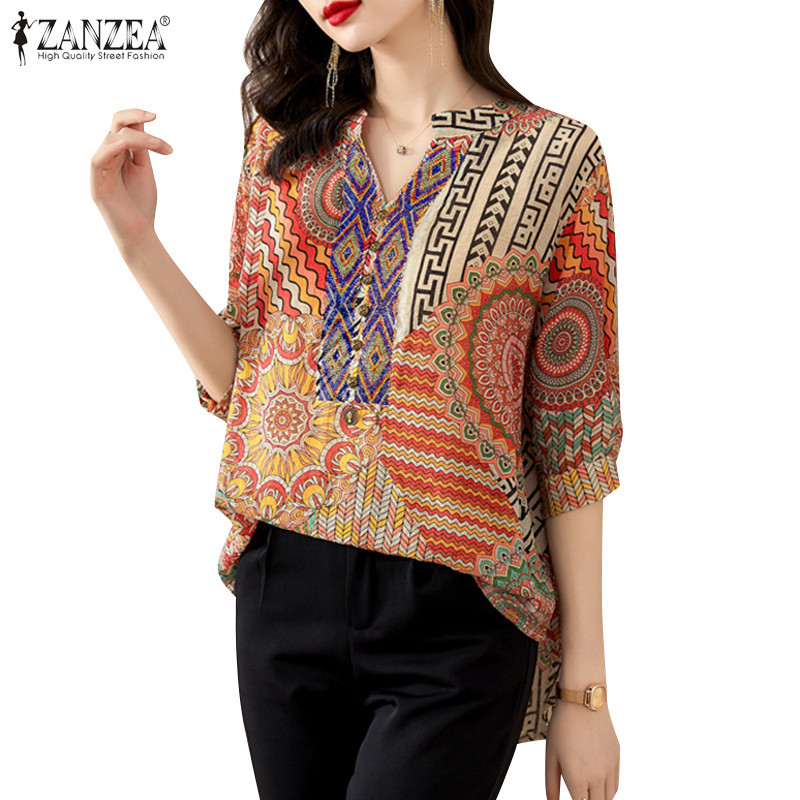 ZANZEA Women Korean Holiday Half Sleeve V-Neck Ethnic Print Decorative Buttons Blouses | Shopee ...