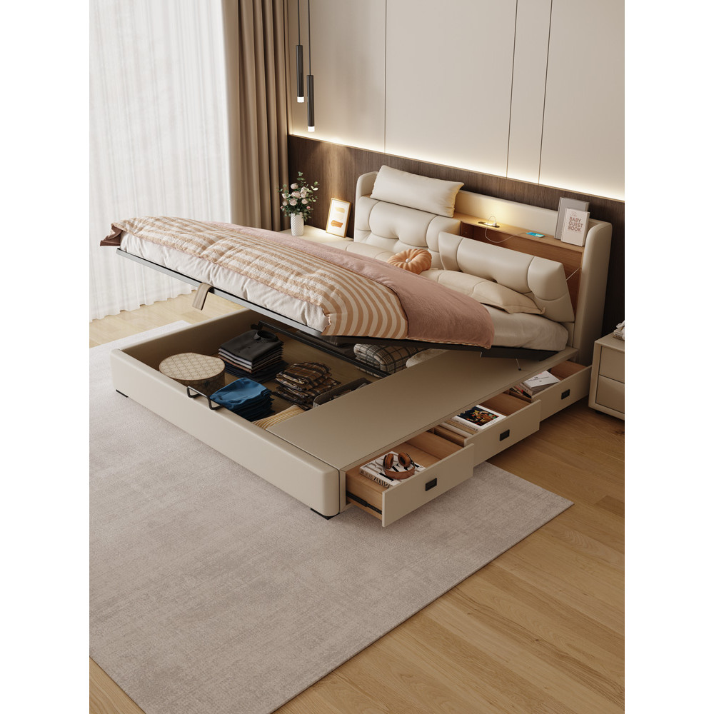 Leather Bed Modern Simple Multi-Functional Master Bedroom Double Bed ...