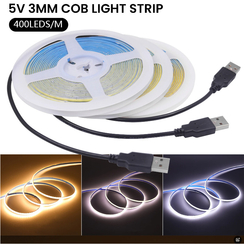 3mm Ultra-Thin COB LED Light with USB 5V 400LED/m White Warm Natural White DIY Flexible ...