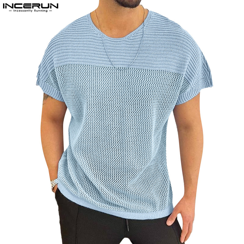 INCERUN Men Vintage Minimalist Crew Neck Mesh Splicing Knitted T-Shirts ...