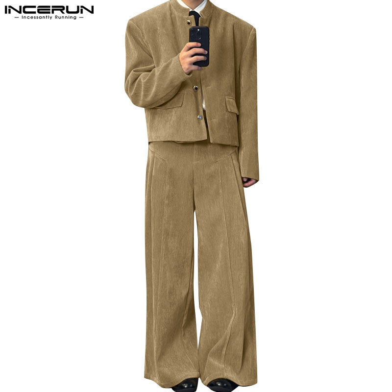 INCERUN Men Korean Advanced Corduroy Stand Neck Long Sleeve Shoulder ...