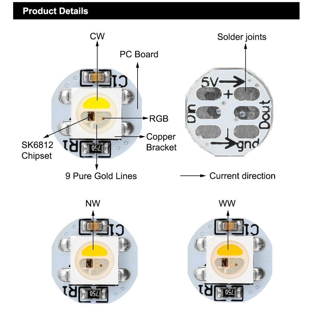 100 Pcs SK6812 RGBW SMD Chips Light Beads Heatsink Board 10mm x 3mm ...